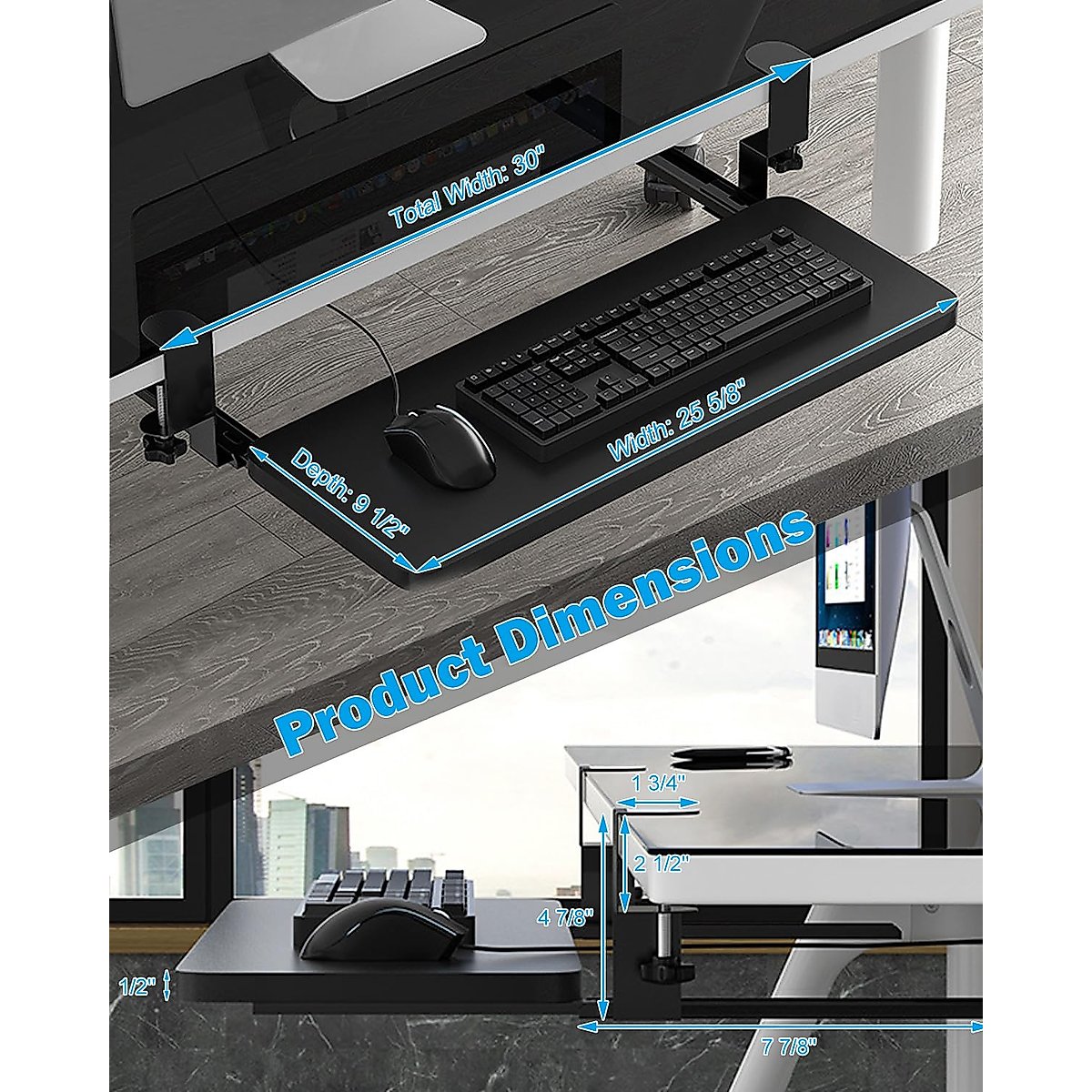 Clamp-On Under Desk Keyboard Tray, Keyboard Drawer for Corner Desk & Straight Edge Desk, Slide Out Keyboard Platforms for Home Office, White