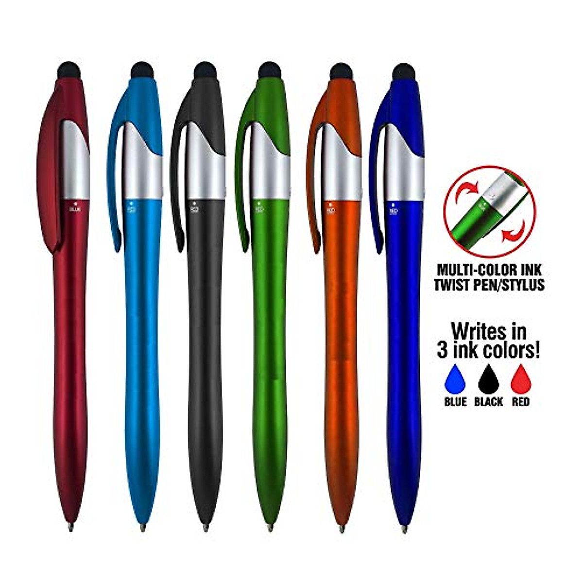 SyPen 3 Color ink Ball Pens and Stylus for Universal Touch screen Devices, Each pen writes in 3-Colors Ink(Black,Red,Blue) Pen Barrel colors,Red,Green, Blue, Orange,Lt. Blue and Black (12 Pack)