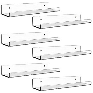Dezzer Acrylic Floating Shelves, 6 Pack 15" Invisible Shelf Wall Ledge Bookshelf Bedroom Bathroom Kitchen Shelves Book Toys Funko Pop Figures Display Shelves, Clear
