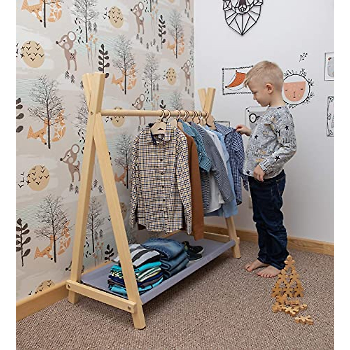 Children wardrobe, Montessori Teepee Style Clothing Rack with Storage, Shop display rack