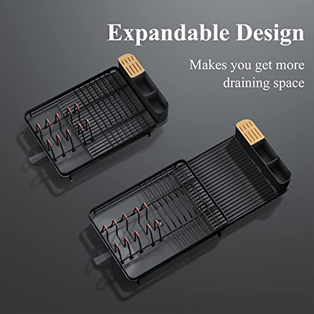 Dish Drying Rack, Expandable Dish Racks for Kitchen Counter, Multifunctional Extra Large Dish Strainers with Cutlery & Pan Holders, Extendable Anti-Rust Dish Drainers with Drainboard for Kitchenware