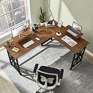 GreenForest L Shaped Desk with 2 Monitor Stand, 63.8 inch Reversible Corner Computer Desk for Home Office Study Gaming Workstation Crafting Table Spaces Saving, Easy Assembly, Walnut