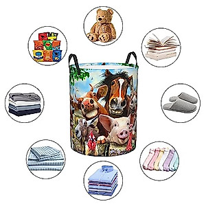 Farm Animals Printed Round Laundry Hamper,Collapsible Clothes Hamper Storage With Handle,Canvas Fabric Waterproof Storage Bin