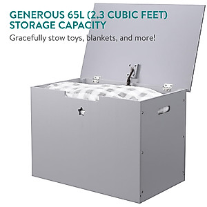 Navaris Wooden Toy Box with Child's Bench Lid - Wood Storage Chest for Children's Toys and Kid's Seat with Star Design - Grey