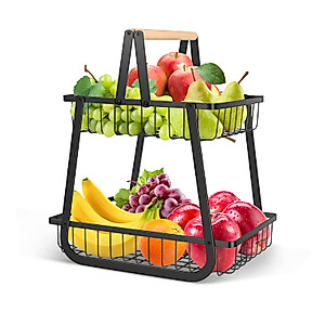 TBMax 2 Tier Fruit Basket for Kitchen Countertop Metal Wire Fruit Bowl with Wooden Handle for Produce Storage Rack, Snack Organizer, Bread Baskets, Vegetable Stand -Black