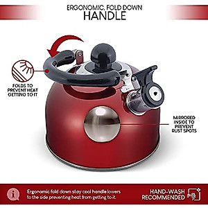 ELITRA Whistling Tea Kettle - Stainless Steel Tea Pot with Stay Cool Handle - 2.6 Quart / 2.5 Liter - (RED)