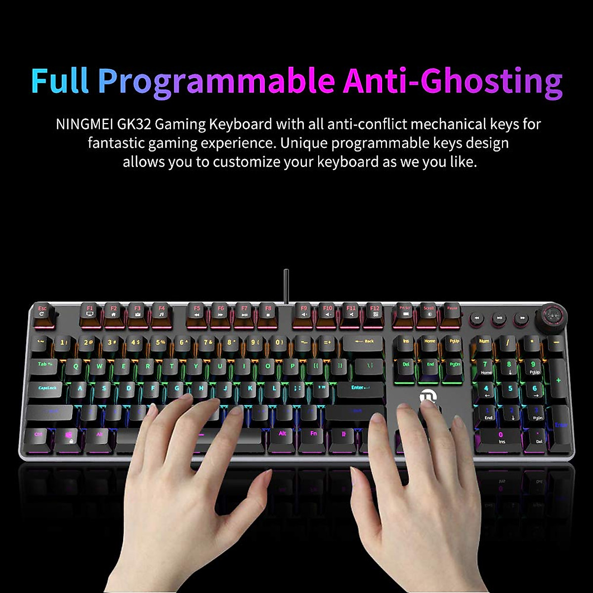 NINGMEI GK32 Mechanical Gaming Keyboard, USB Wired Programmable Keyboard Customizable Backlit RGB LED, 108 Keys Programmable Macro Functionality Anti-ghosting Mechanical Cushioned for PC MacBook pro