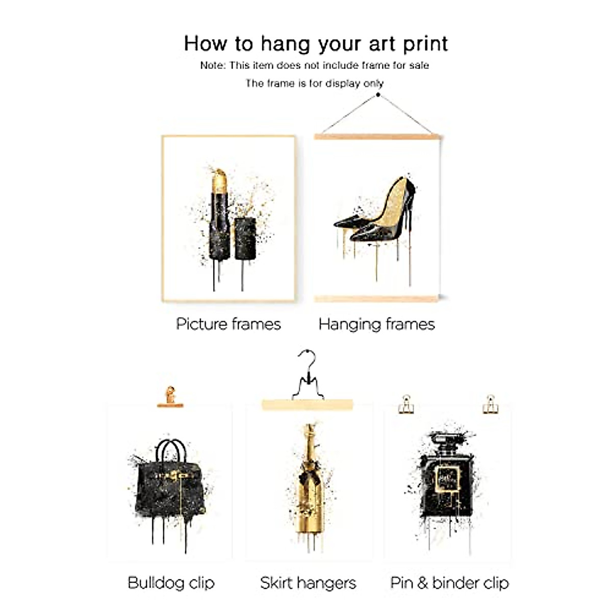 HoozGee Fashion Art Watercolour Splash Gold Champagne Black Perfume Bottle Lipstick Ring Jewelry High Heel Handbag Wall Art Prints Poster Girly Room Decor Bedroom Wall Decor (8"x10" UNFRAMED)