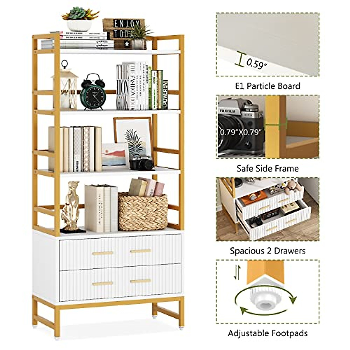 Tribesigns Gold White Bookshelf with 2 Drawers Striped, Tall Ladder Shelf Bookcase with Storage, Modern Bookcases and Book Shelves 4 Shelf Organizer, Metal Wood Book Shelving Unit for Bedroom, Office
