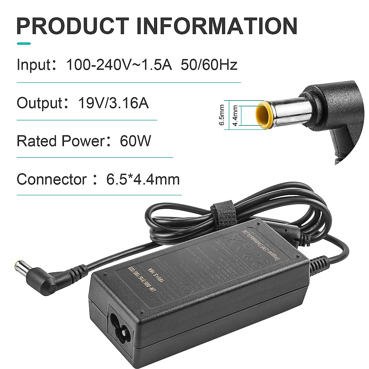 Fancy Buying 65W 19V 3.16A Replacement Charger Adapter for LG LED LCD Monitor Widescreen HDTV, Power Cord for LG Electronics 19” 20” 22” 23” 24” 27” Power Supply, 19V, AC, DC,8Ft.