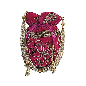 CRAFT BAZAAR Indian Potli Bag, Standing Drawstring Purse, Mini Bucket Bag, Evening Bag with Wristlet and Tassels (Pink)
