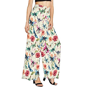 Irisjudy Women's Comfy Yoga Sweatpants Watercolor Dragonfly Casual Pajamas, Paint Dragonfly Floral Palazzo Lounge Pants Stretchy Loose Fit Casual Trousers