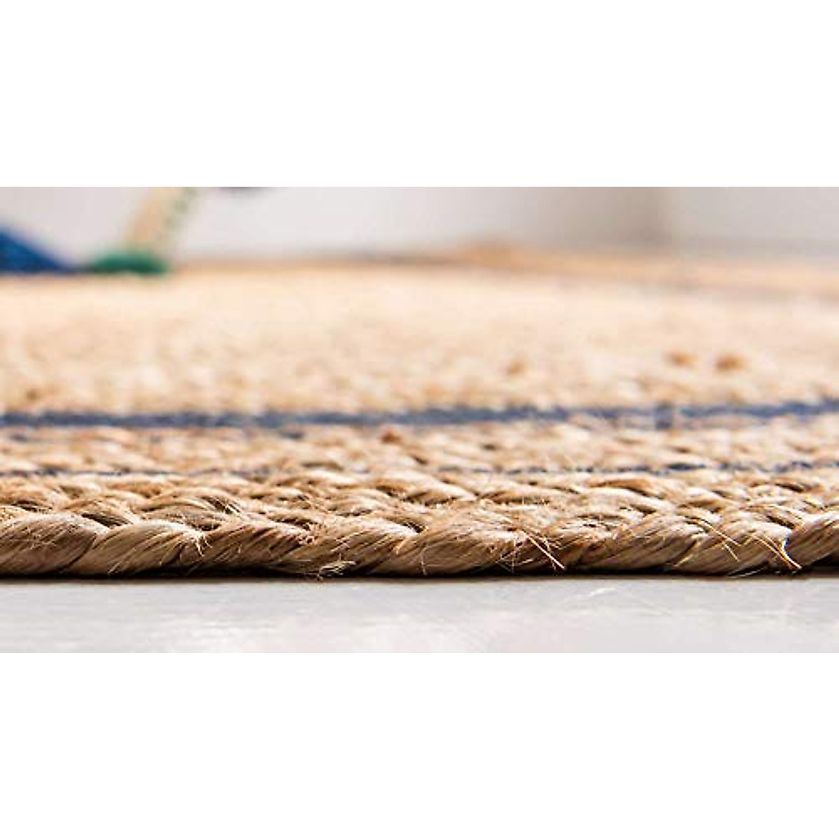 Unique Loom Braided Jute Collection Classic Quality Made Hand Woven with Coastal Design Area Rug, 6 ft x 9 ft, Natural/Navy Blue