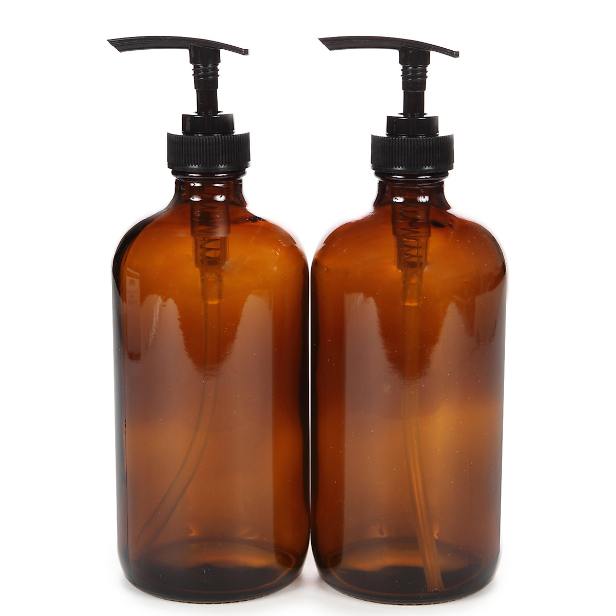 Vivaplex, 2, Large, 16 oz, Empty, Amber Glass Bottles with Black Lotion Pumps