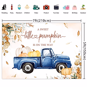 Wollmix Fall Little Pumpkin Baby Shower Decorations for Boy A Sweet Little Sweet Pumpkin is On The Way Backdrop Its a Boy Blue Truck Leaves Photography Background Autumn Party Banner Photo Booth 7x5ft
