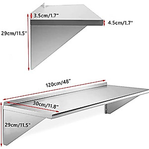 MYOYA Stainless Steel Shelf 12" x 48" 280lbs Heavy Duty Metal Shelves NSF Commercial Wall Mounted Floating Shelving with Backsplash and Brackets for Kitchen Restaurant Bar Hotel and Garage