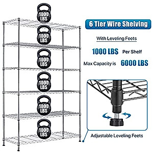 Dkelincs 6 Tier Wire Shelving Unit with Wheels 48" X 18" X 76" Metal Storage Shelves Height Adjustable NSF Heavy Duty Commercial Grade Garage Shelf Rack for Kitchen Basement Restaurant，Chrome