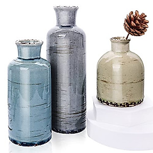 HAYHOI 3Pcs Ceramic Vases for Country Home Décor, Rustic Decorative Modern Farmhouse Flower Vase,Tall Small Boho Vases for Living Room Decor, Shelf,Centerpieces Decoration-Distressed Grey Blue Green