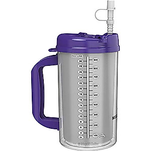 32 oz Double Walled Hospital Mug with Straw - Purple Lid and Handle - Mugs N Coffee
