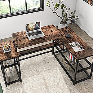 Tribesigns L Shaped Computer Desk, 63 Inch Lift Top Corner Desk with Storage Shelves, Industrial Height Adjustable Standing Desk Writing Table for Home Office, Rustic Brown