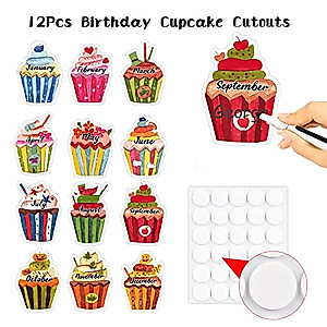 FLYAB 12Pcs Birthday Cutouts for Classroom Decoration Birthday Cupcake Cutouts Calendar Chart Poster Birthday Bulletin Board Decorations for Classroom Birthday Party Decoration Teacher Supplies