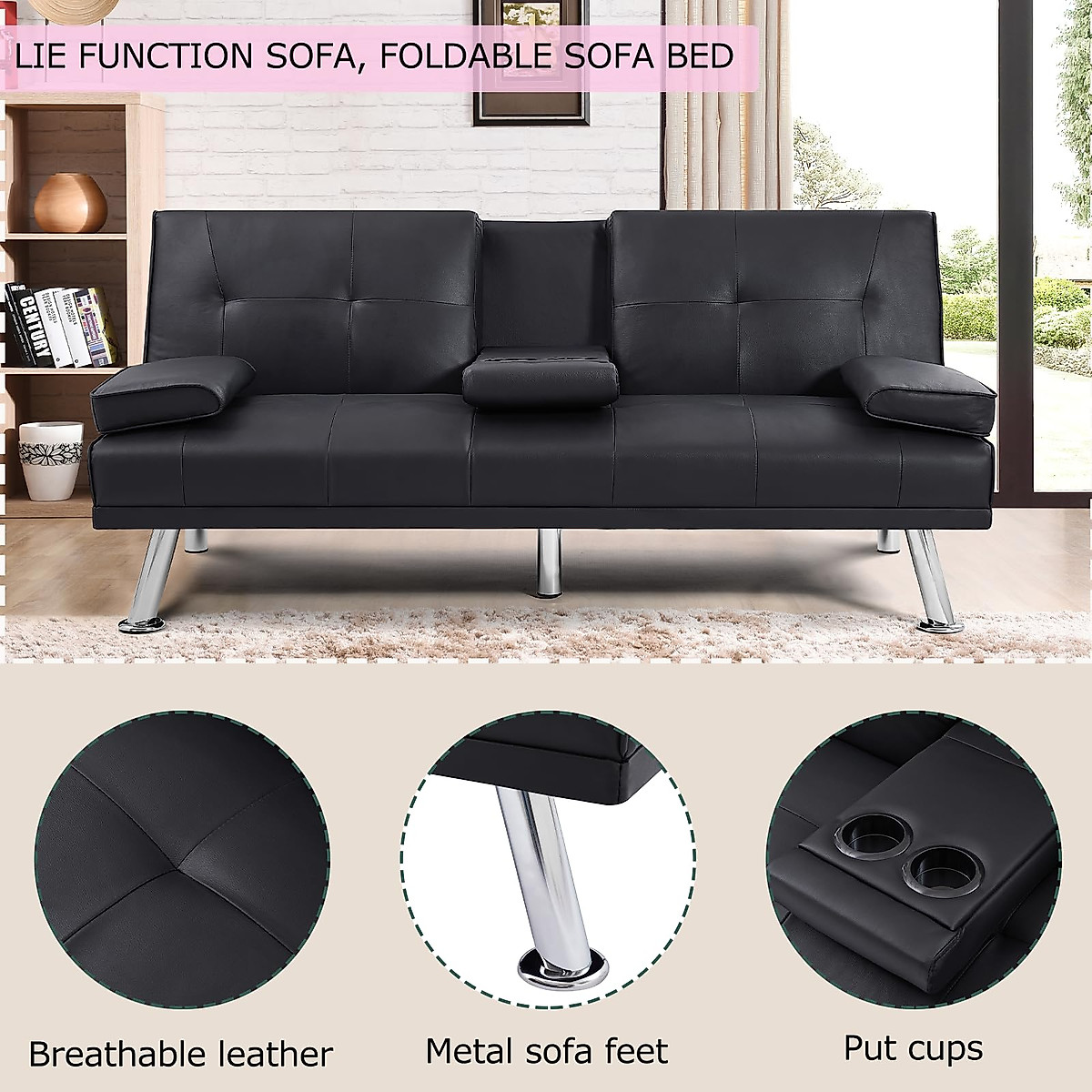 Convertible Futon Sofa Bed, Modern Leather Couch Upholstered Loveseat Sleeper Sofa with Cup Holder and Adjustable Back, Recliner Folding for Living Room, Apartment, Office (Black)