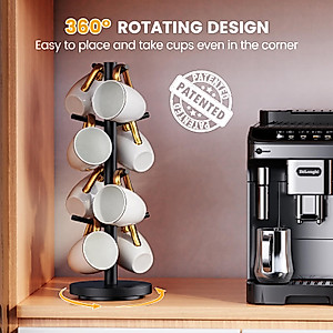 Coffee Mug Holder Tree, Upgraded 360° Rotated Coffee Cup Holder for Counter, Wood Coffee Mug Tree, Coffee Mug Rack with 8 Hooks, Coffee Mug Organizer Station, Mug Stand Coffee Bar Accessories, Black