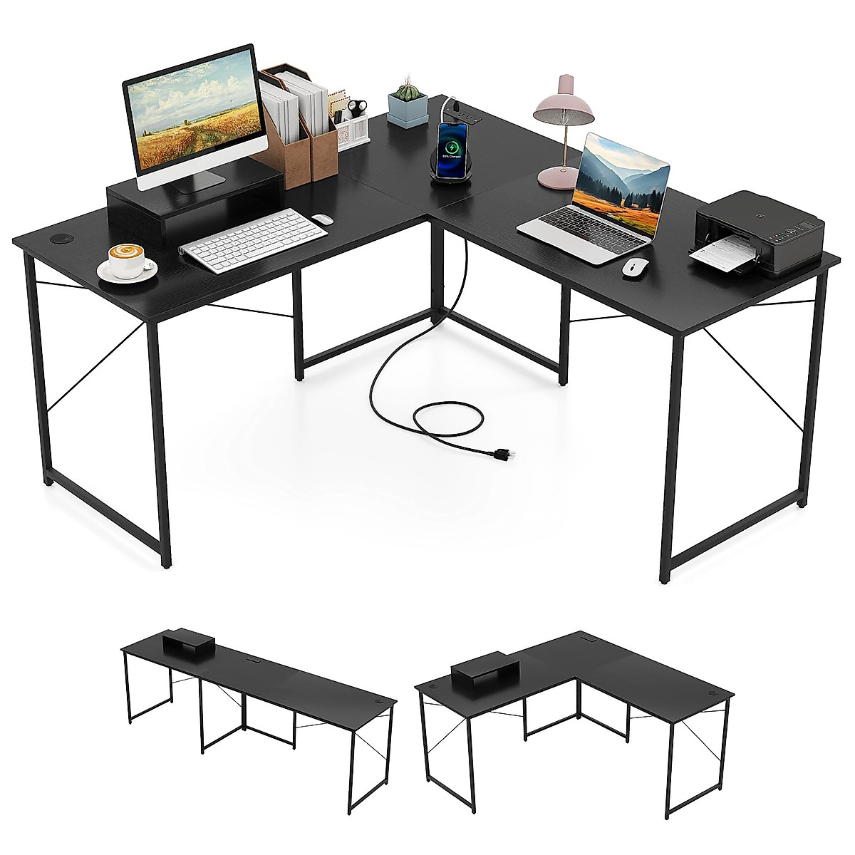 Tangkula L-Shaped Computer Desk with Power Outlets, 95” Long 2-Person Desk with Monitor Shelf, Modern Corner Desk Gaming Table with USB Ports for Home Office