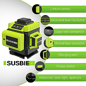 Susbie Laser Level -3x360° Cross Line Laser for Construction and Picture Hanging-12 Green Lasers with Self-leveling-Level Tool with 10000 mAh Rechargeable Battery