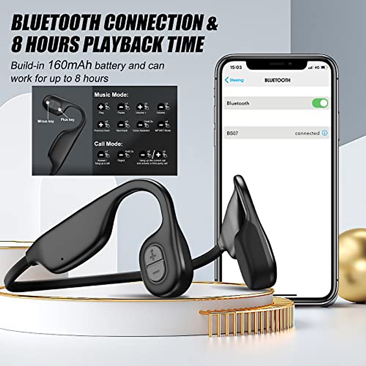 Tonfarb Bone Conduction Headphones Open Ear Wireless Bluetooth Headset with Mic Sweat Resistant Bone Conducting Earphones for Running Fitness Office Home Workouts Cycling (Black-Swimming)