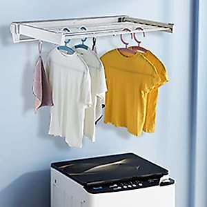 GNJINX Collapsible Wall Mounted Clothes Laundry Drying Rack - 7 Drying Rods with Towel Bar and Hooks, Space-Saver for Bedrooms Bathrooms Laundry Room Patios and Balcony - Easy to Install, White