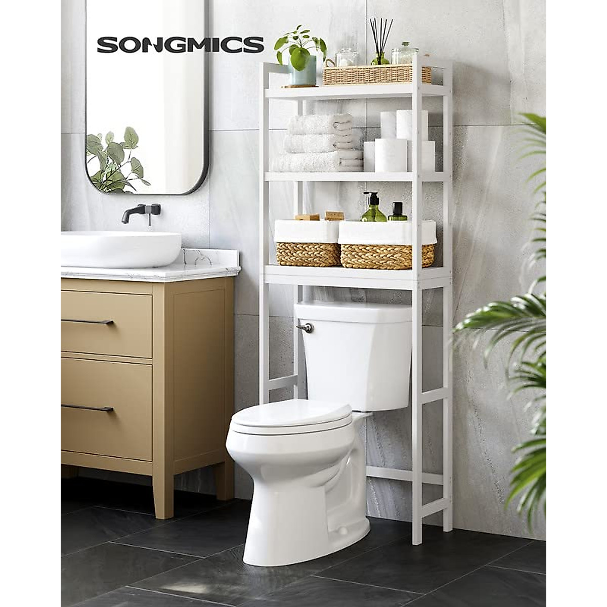 SONGMICS Over The Toilet Storage, 3-Tier Bamboo Over Toilet Bathroom Organizer with Adjustable Shelf, Fit Most Toilets, Space-Saving, Easy Assembly, White UBTS01WT