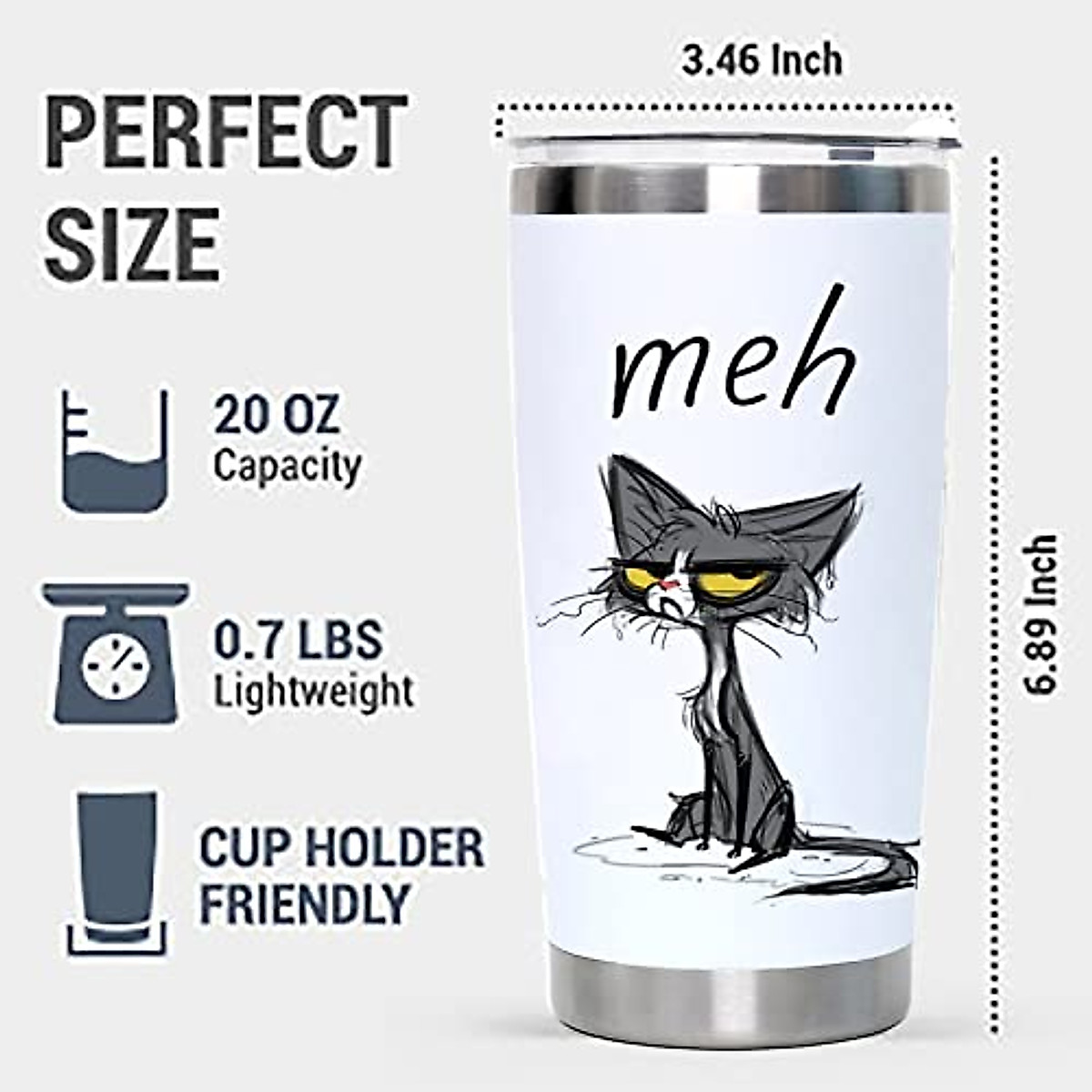 DJY Meh - 20oz Black and White Cat Stainless Steel Tumbler with Lid Cute Cat Vacuum Insulated Tumbler Coffe Cup Water Wine or Coffee Home Gifts to Daughters Friends and Colleague Raffle Gifts