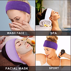 Whaline Spa Facial Headband Make Up Wrap Head Terry Cloth Headband Adjustable Towel Band for Face Washing Shower Facial Cover, 3 Pieces (White, Purple, Dark Purple)