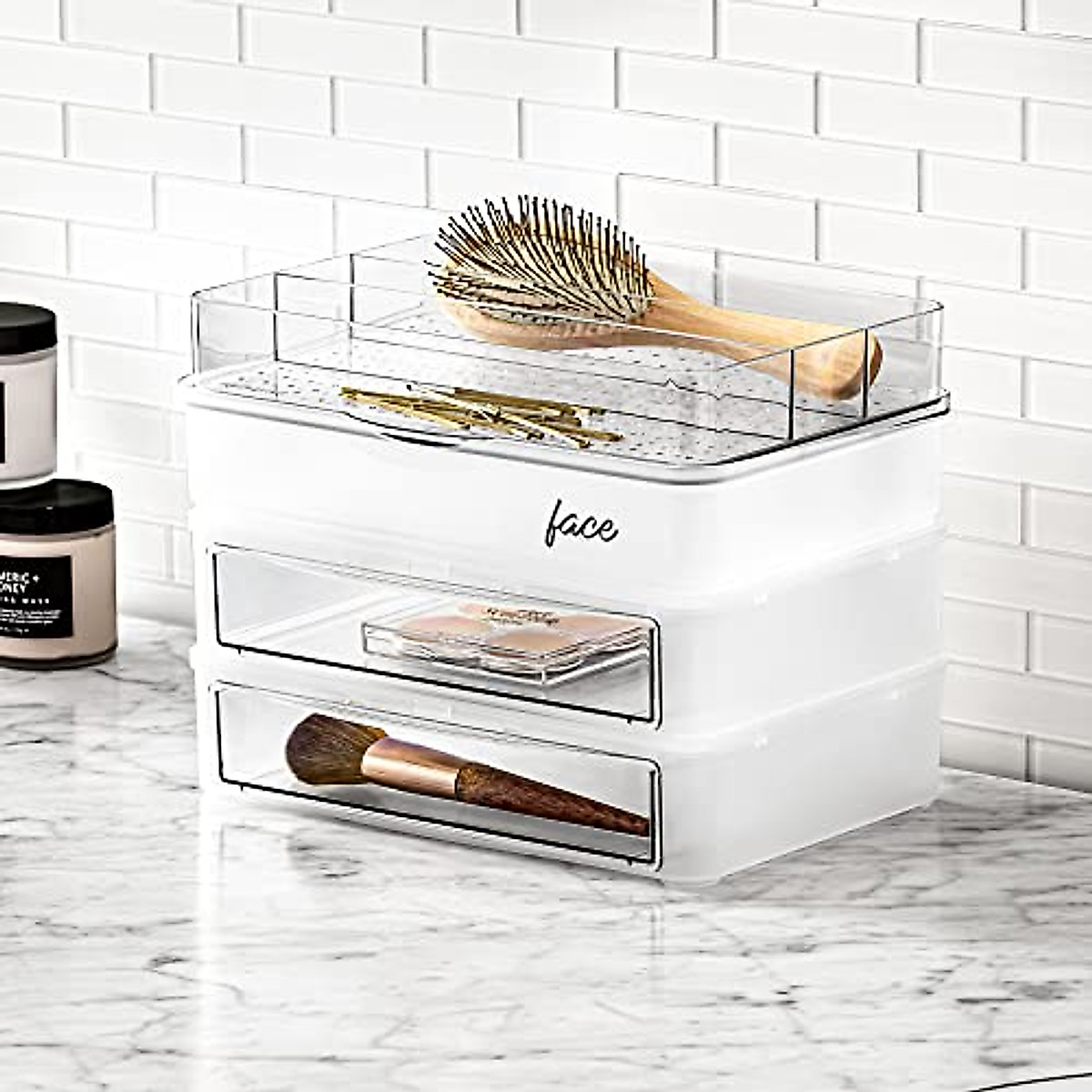 Madesmart Plastic Stacking Pull-Out Drawer for Bathroom Storage, Stackable Bathroom Organizer Drawer with Clear Front, Frost