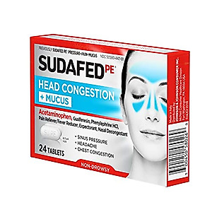 Sudafed PE Head Congestion + Mucus Relief Tablets for Sinus Pressure, Congestion, & Headache, Non-Drowsy Decongestant with Acetaminophen, Guaifenesin & Phenylephrine HCI, 24 ct