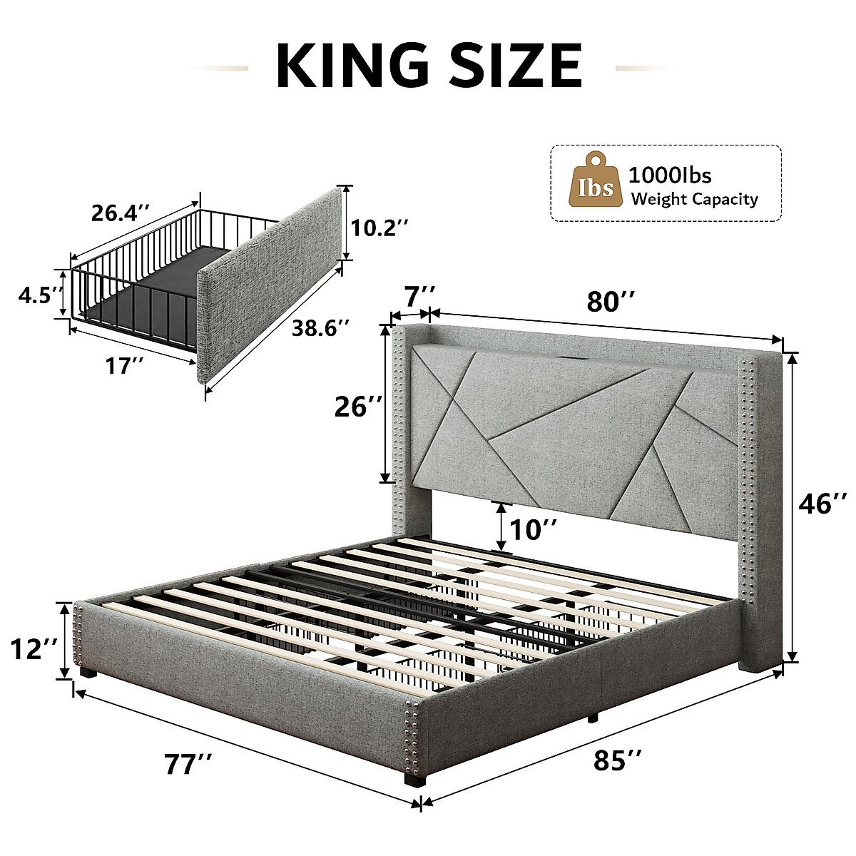iPormis King Storage Bed Frame with 4 Drawers, Upholstered Bed Frame with Minimalist Wingback Headboard and Charging Station, No Box Spring Needed, Light Gray