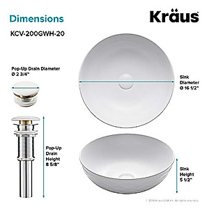 KRAUS Viva™ Round White Porcelain Ceramic Vessel Bathroom Sink with Pop-Up Drain, 16 1/2 in. D x 5 1/2 in. H, KCV-200GWH