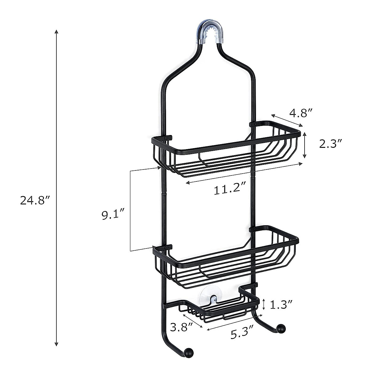 Vuskly Shower Caddy Over Shower Head, Aluminum Hanging Shower Organizer with 3 Shelf and 2 Hooks,Strong Suction Cups, Wide Space Shower Caddy for Shampoo and Soap, Black, 11x4.9X 24.8 inches