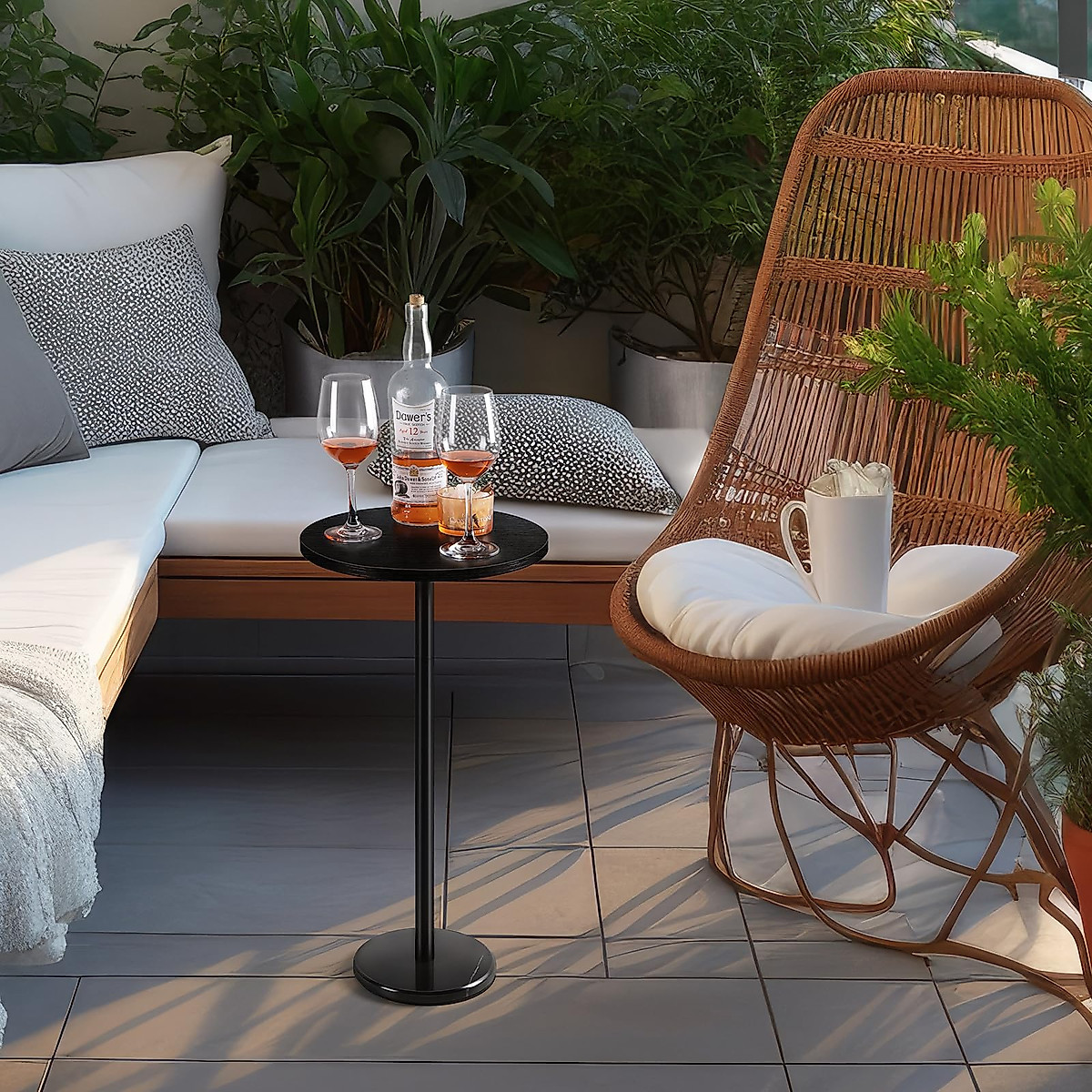 smusei Drink Tables for Small Spaces Pedestal Side Table with Marble Base Small Round Side Table Black Coffee Table for Sofa Couch Chair Patio, Black