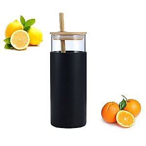 20 Oz Glass Water bottle with bamboo lid Glass Tumbler with silicone protective sleeve Cup (black) Glass water bottle Coffee cup