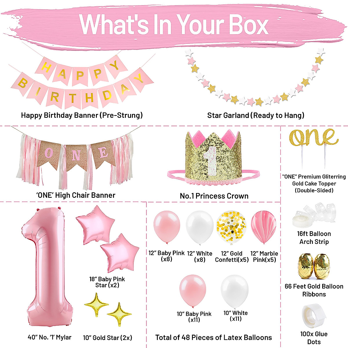 Baby Girl First Birthday Decorations - 1st Birthday Girl Decoration Pink Gold Party Supplies - Happy First Birthday Banner, Number 1 Balloon and Crown, Balloon Arch, High Chair Banner, ONE Cake Topper