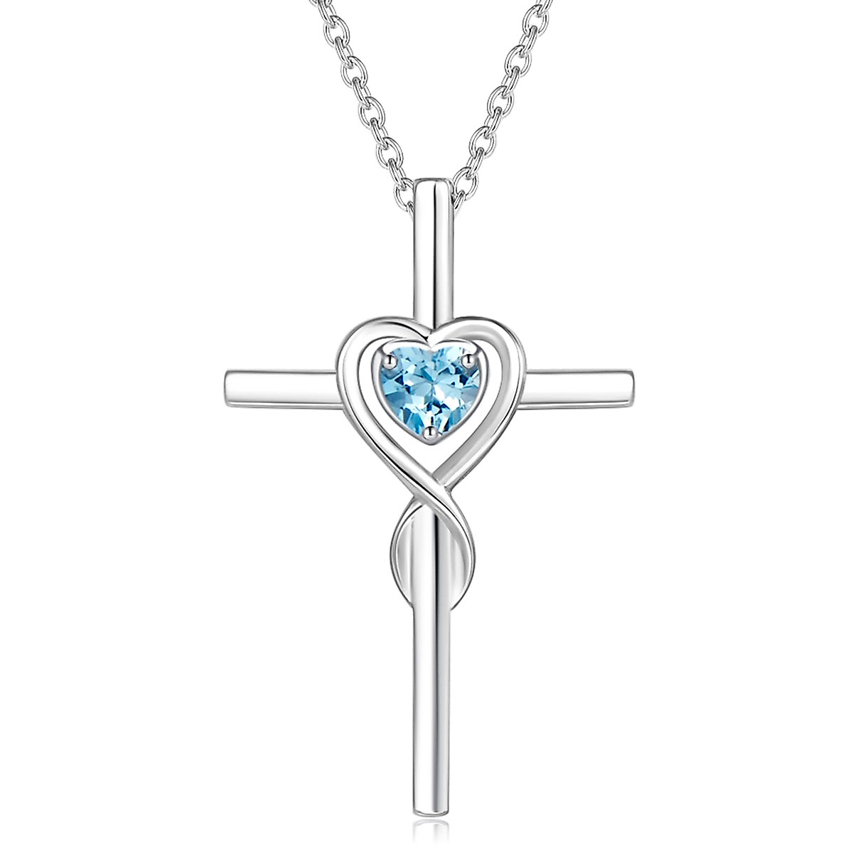 FANCIME Aquamarine Cross Necklace For Women Sterling Silver Birthstone Necklace Aquamarine Heart Cross Pendant March Birthstone Jewelry Gifts Valentines Day Gifts for Women