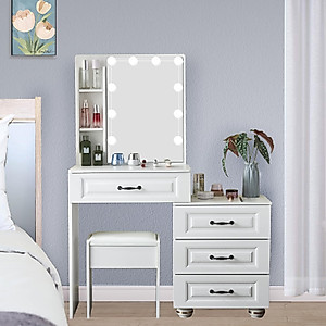 Logimiz Vanity Desk with Mirror and Lights-3 Colors Dimmable Lights, Girls White Vanity Table with Drawers and Chair for Bedroom