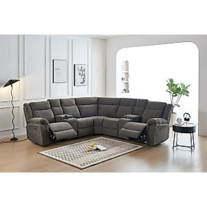 Elountik Modern Fabric Upholstered Power Reclining Sectional Couch with 2 Power Recliners, 2 Storage Consoles, 4 Cup Holders, USB Charging Ports, Gray Frabic