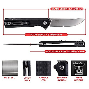 Firebird GANZO FH11 Pocket Folding Knife D2 Steel Flip Blade G10 Anti-slip Handle with Clip Hunting Gear Fishing Camping Outdoor Folder EDC Pocket Knife (Black)