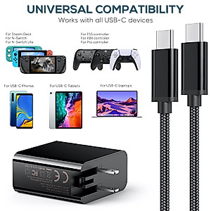 65W Fast Charger for Steam Deck OLED/Nintendo Switch//PlayStation Portal/ROG Ally/Swicth Lite, 65W/45W Charger PD Power Adapter with Foldable Plug for Steam Deck TV Dock(6.6FT USB-C Cable)