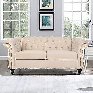 MIYZEAL Modern Chesterfield Loveseat, Velvet 2 Seater Couch Upholstered Sofa with Tufted Back, Roll Arm Classic Settee with Nailhead Trim for Living Room Bedroom (Beige)