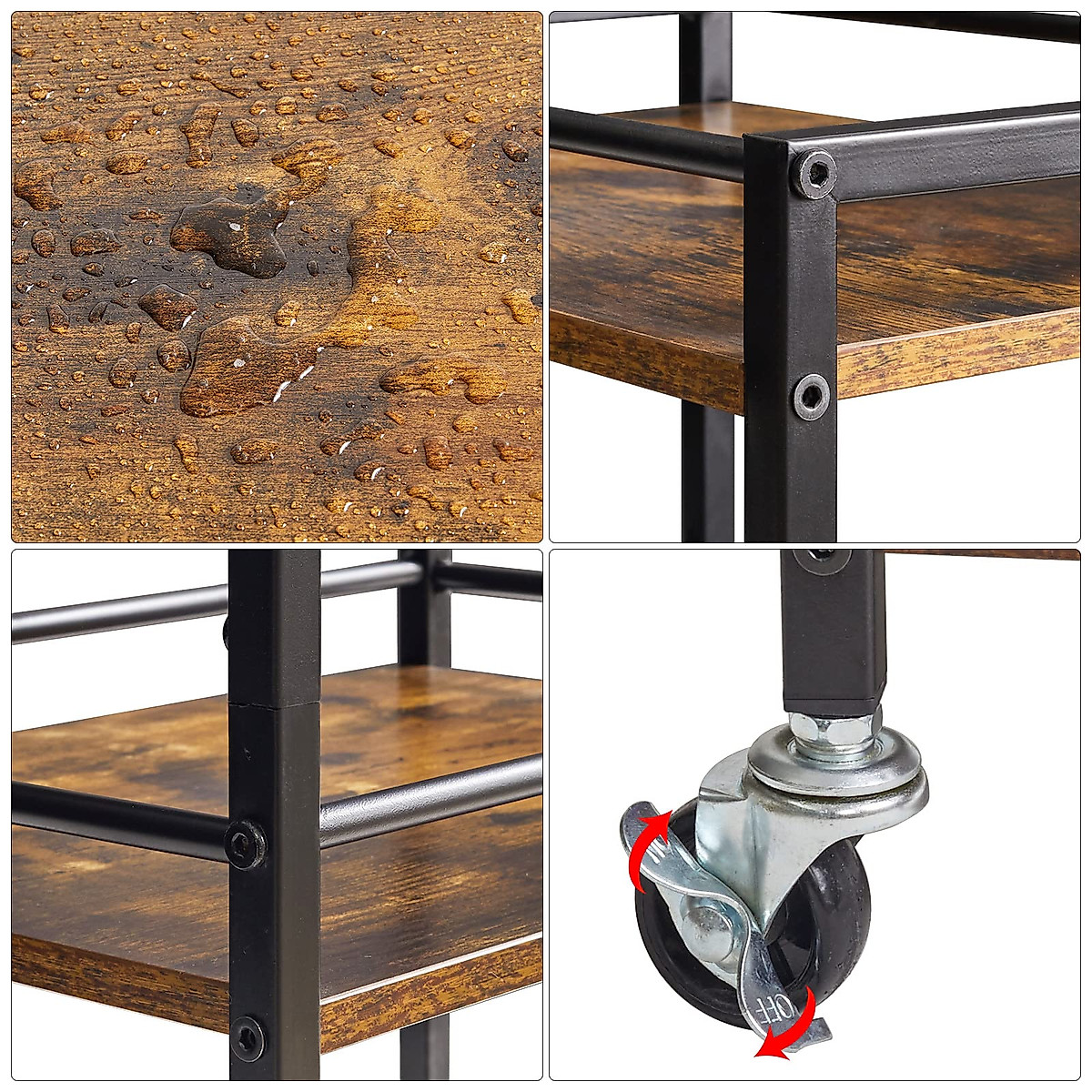 IBUYKE Industrial Bar Carts, Kitchen Storage Serving Cart, Mobile Kitchen Shelf，4 Tier Storage Cart for Bath, Kitchen, Bedroom, Living Room Rustic Brown and Black TMJ419H