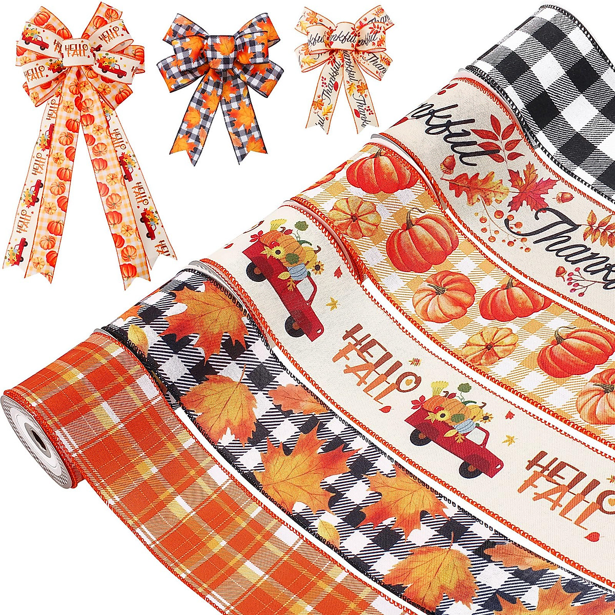 Fall Ribbon Wired 2 1/2 Inch x 30 Yards(6 Roll x 5 Yards), Thanksgiving Pumpkin Buffalo Plaid Ribbon with Wire for Wreaths Crafts Fall Decor